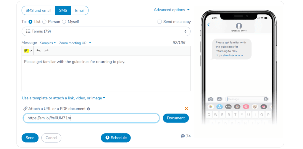Sending PDF documents by email and text messages