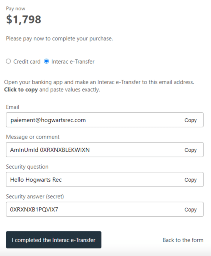 Payment integration with Interac E-Transfer